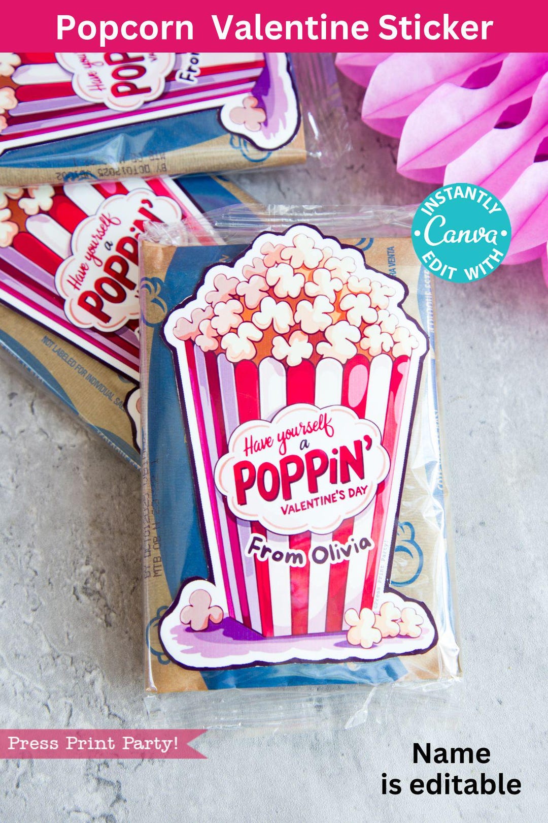 Popcorn Valentine Sticker Printable Personalized Classroom Exchange Tag ...