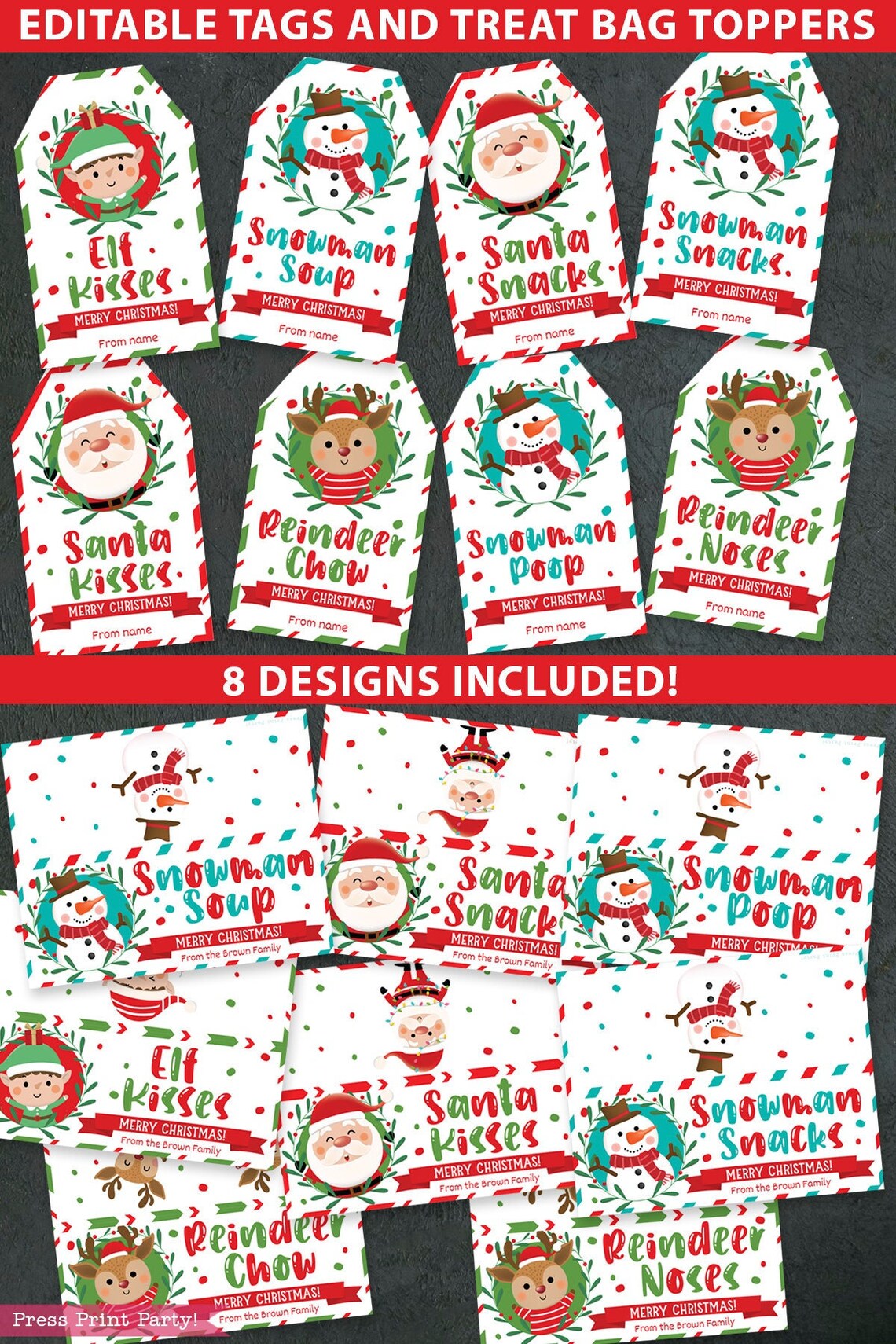 8 EDITABLE Christmas Treat Bag Toppers and Tags Elf Kisses - Etsy