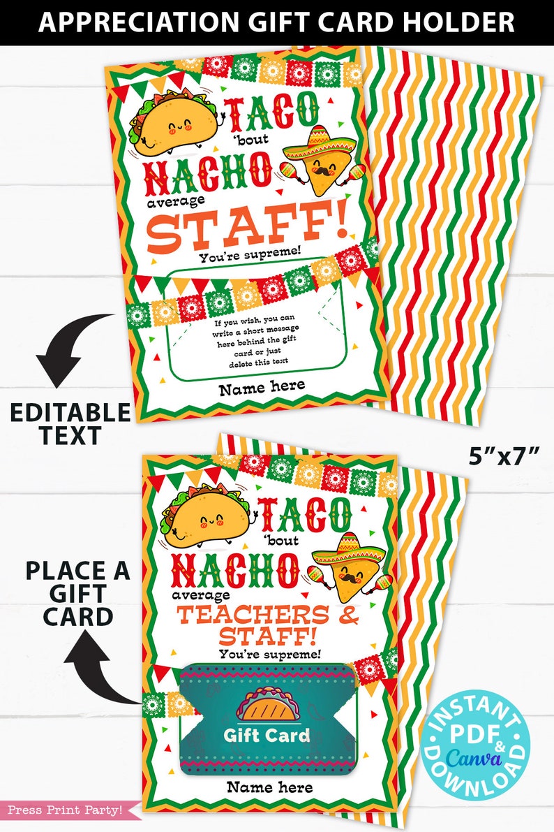 Thank You Gift Card Holder Printable, Taco 'bout Nacho Average Staff ...