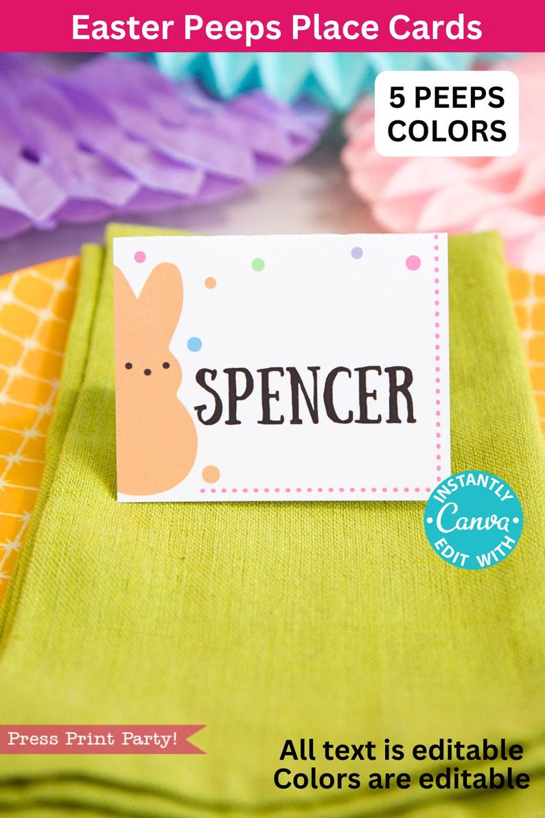 Editable Peeps Place Cards Easter Bunny Colorful Food Label ...