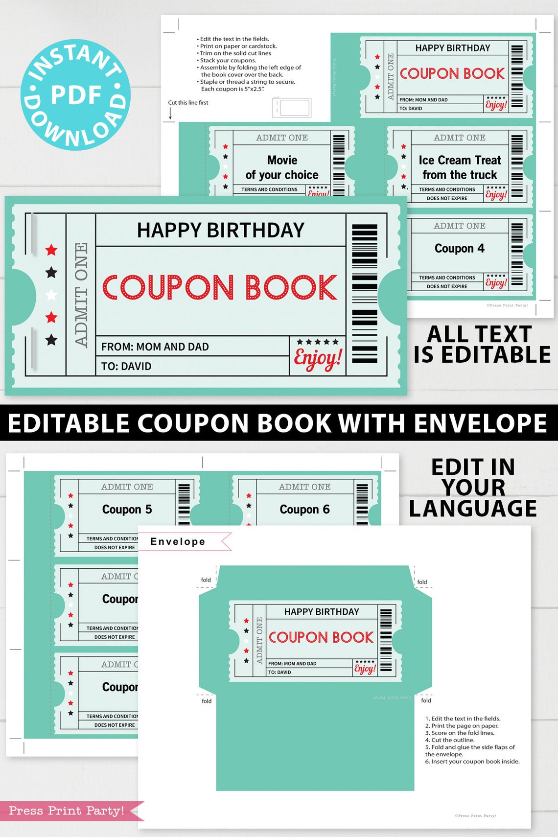 EDITABLE Coupon Book Template Printable, Green Tickets, Custom Birthday ...