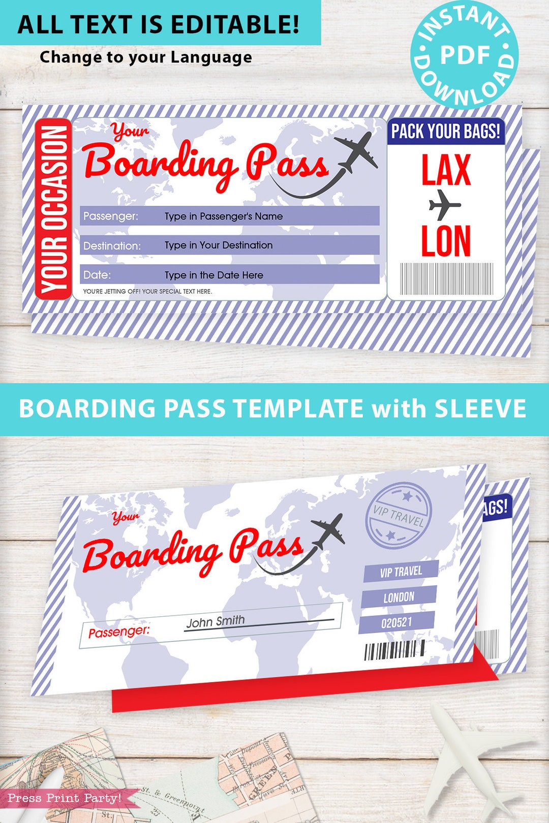 Boarding Pass Template W. Holder Editable Text Printable, Vacation ...