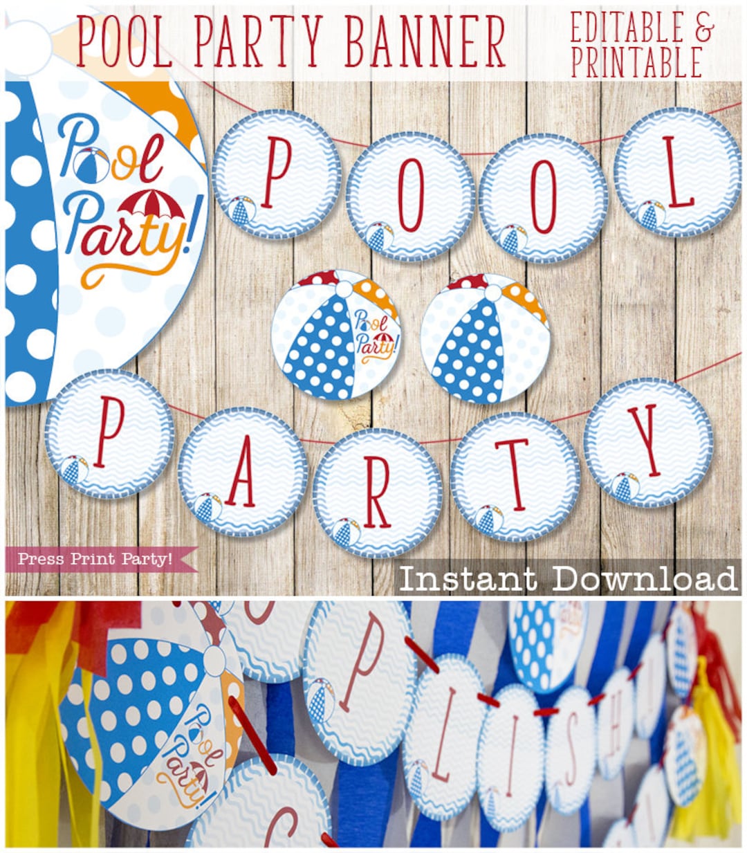 Pool Party Banner, Beach Ball Banner Printable, Pool Party Birthday ...
