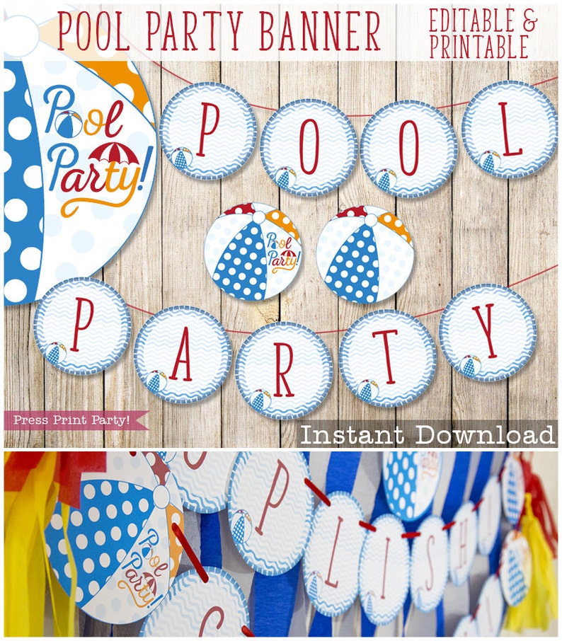 Pool Party Banner Beach Ball Banner Printable Pool Party - Etsy