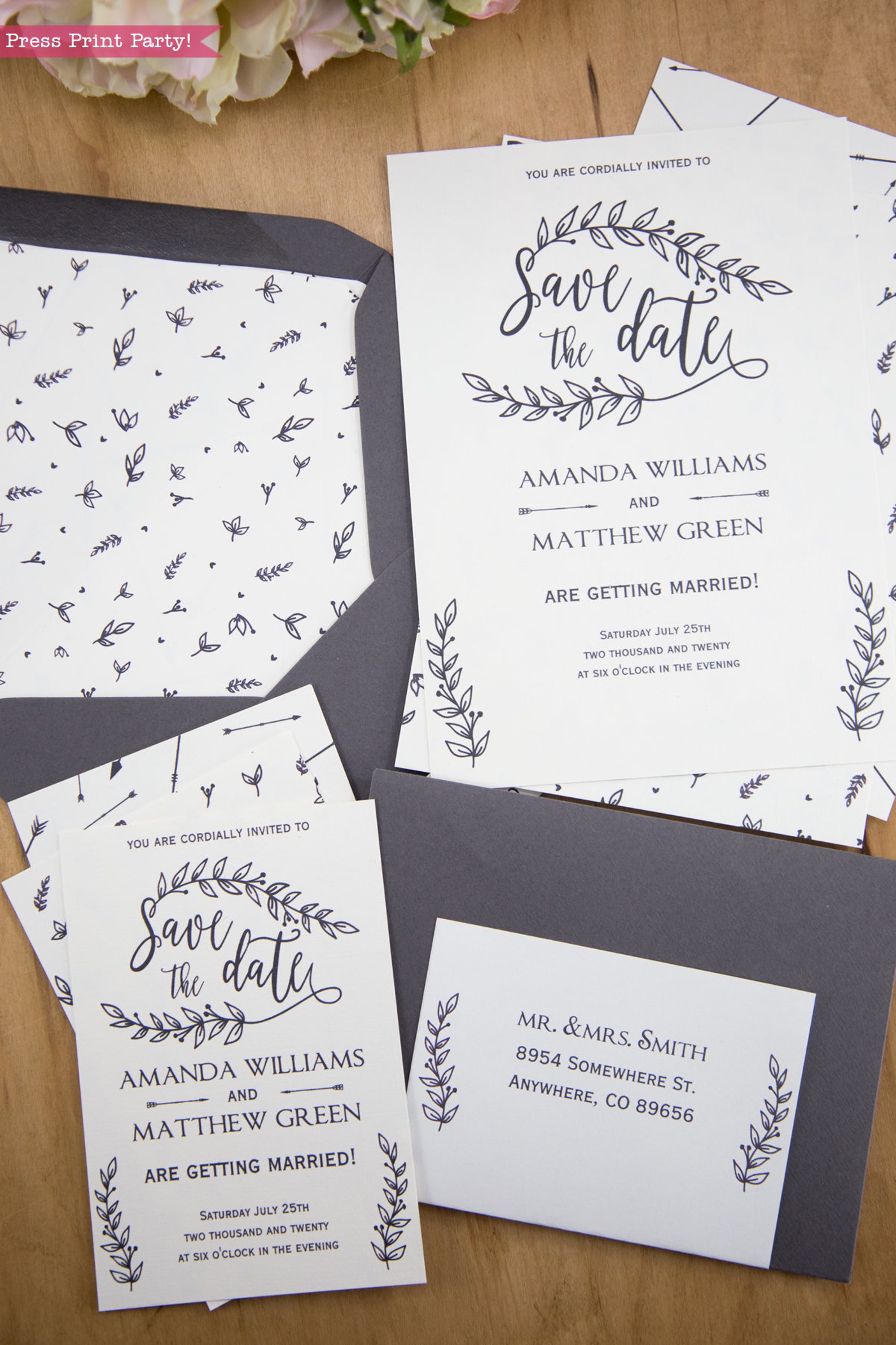 Save the Date Cards Printable, Rustic Leaf Wedding, Boho Style Wedding ...