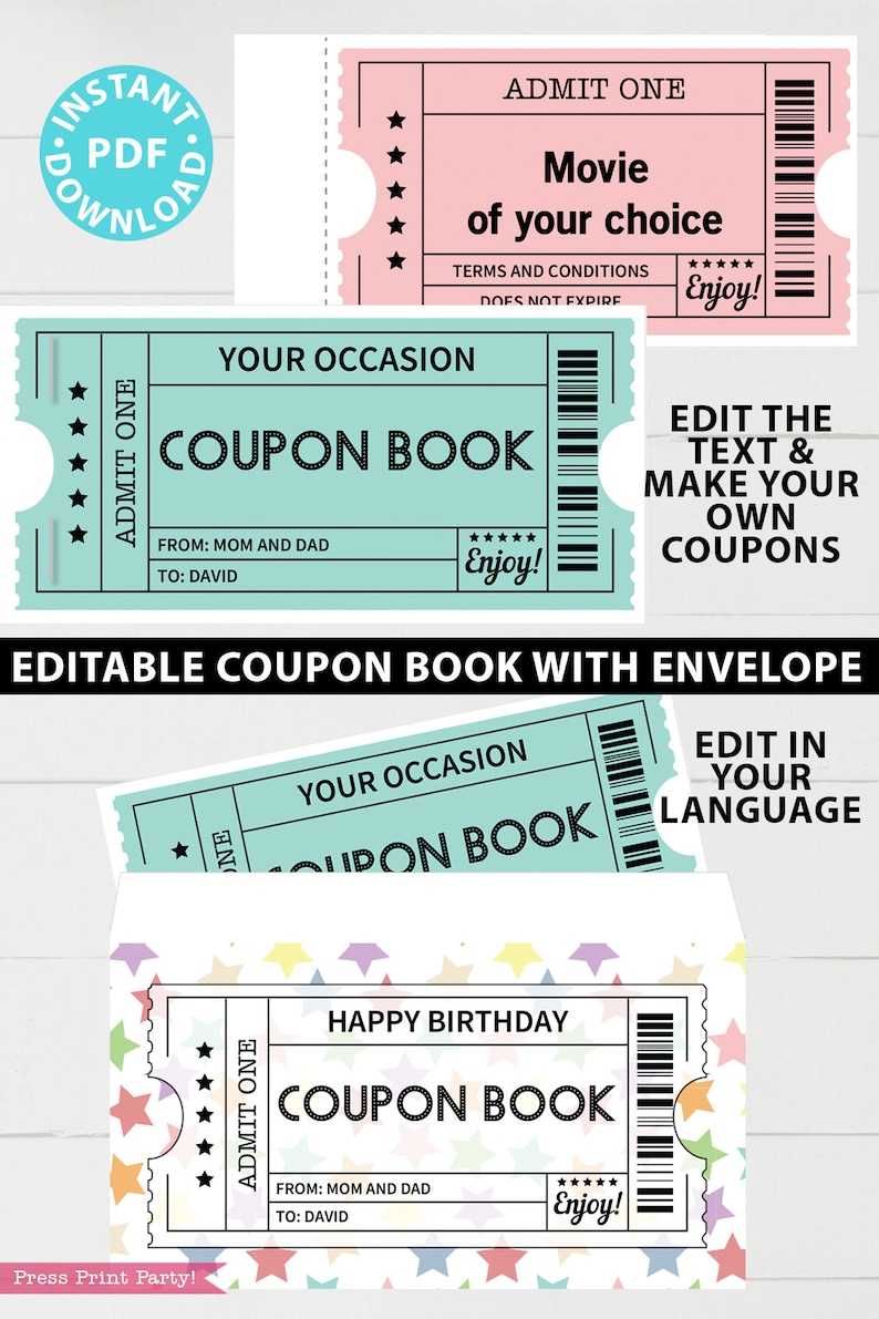 EDITABLE Coupon Book Template Multi Color Tickets Printable | Etsy