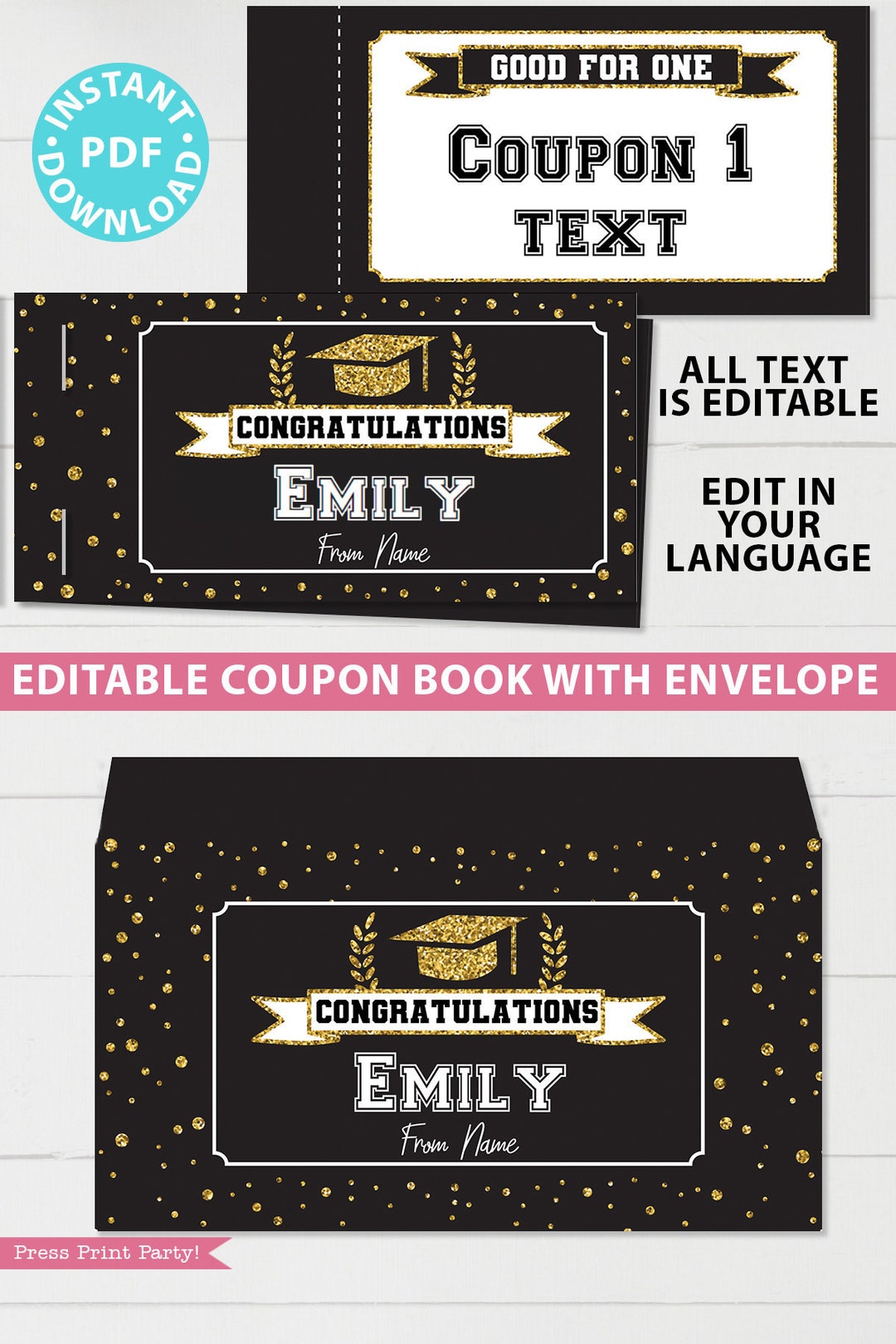 Editable Graduation Coupon Book Template Printable Gift Idea, Gold ...
