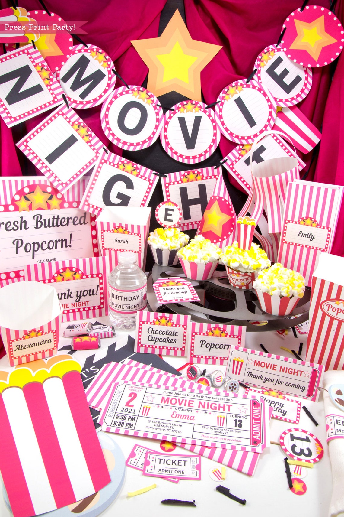 Movie Party Decor Printables PINK, Movie Night Invitation, Birthday ...