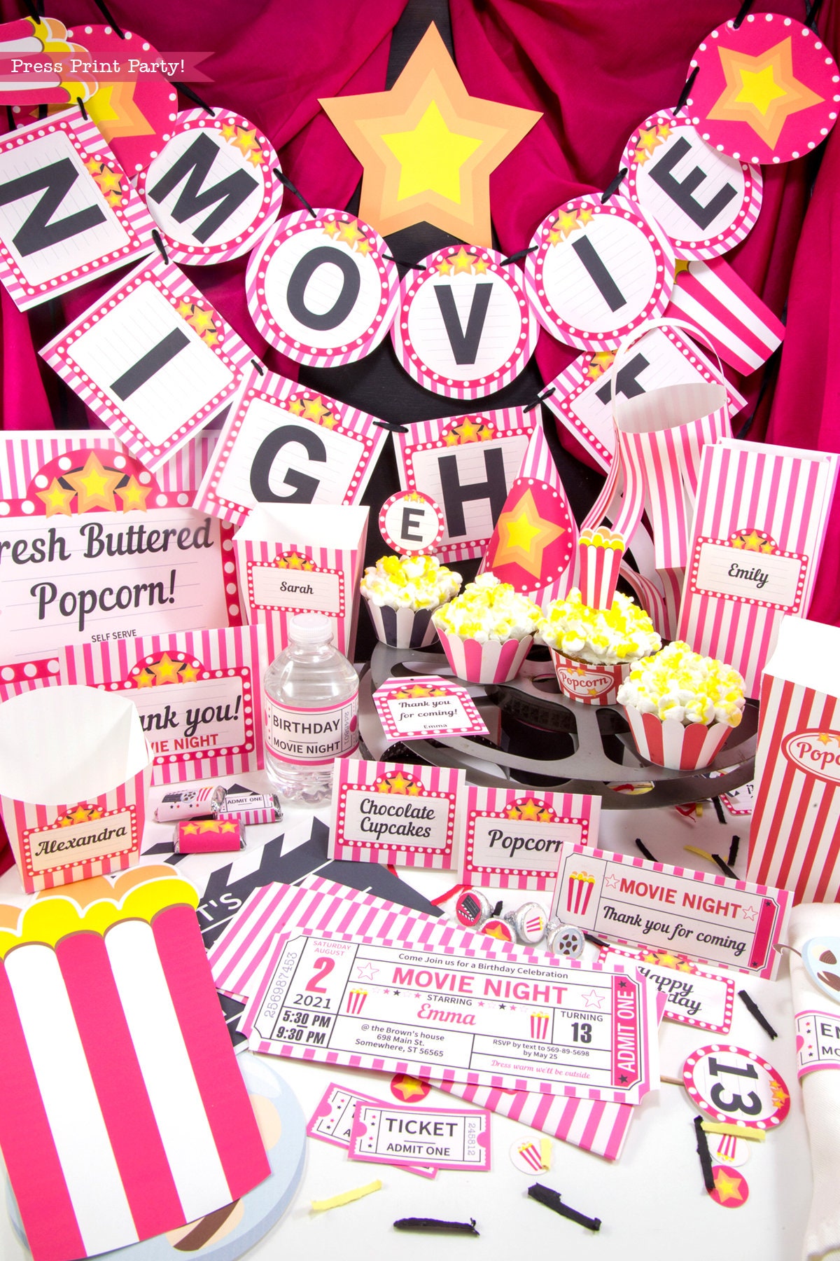 Movie Night Party Printables PINK, Movie Night Invitation, Birthday ...