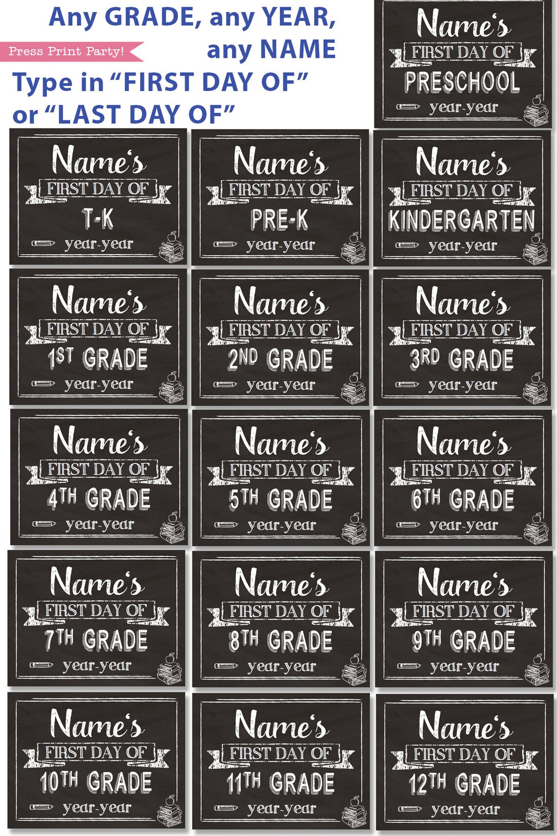 Printable First Day of School Sign, White Chalkboard, Editable Name ...