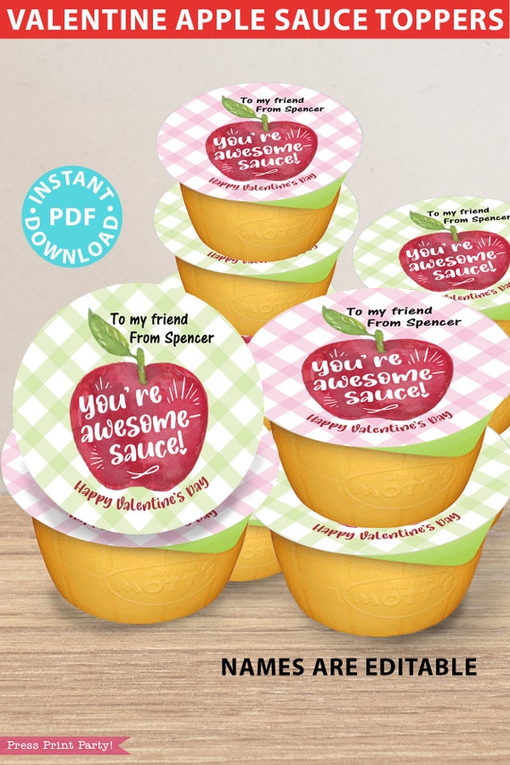 Applesauce Valentine stickers for Kids Printable, For Apple Sauce Cups ...