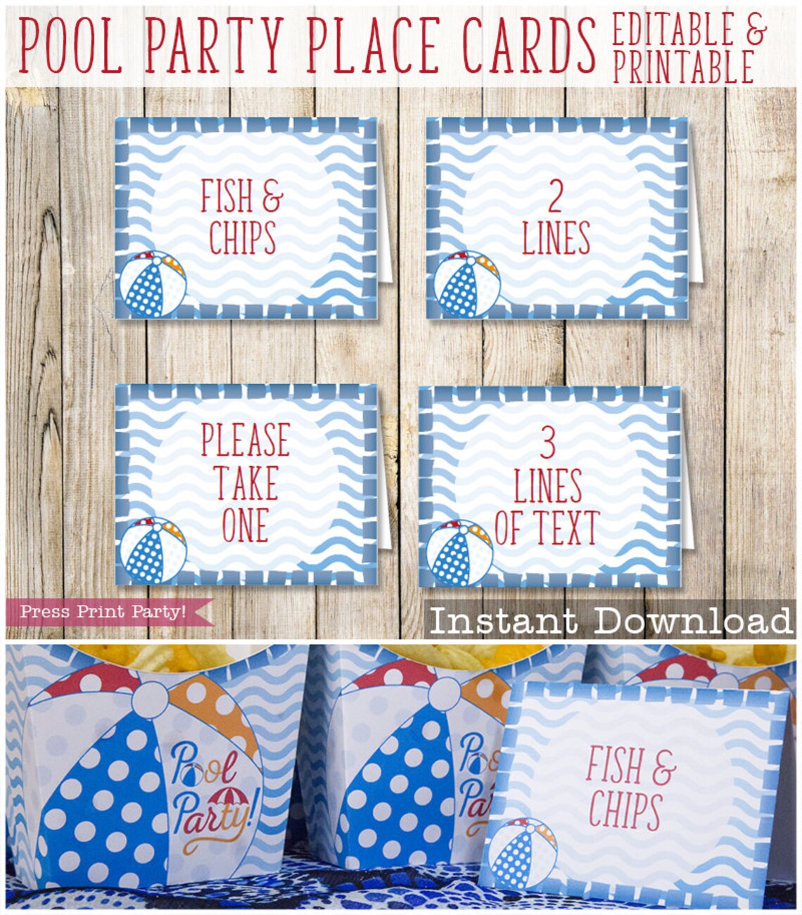 Pool Party, Printable Place Cards, Beach Ball Tent Card, Pool Party ...
