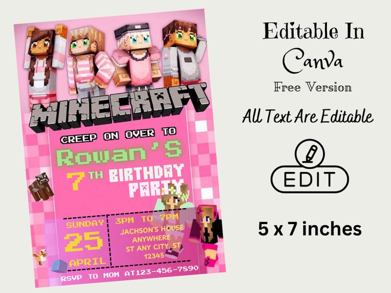 Editable Girl Minecraft Birthday Invitation, Girl Minecrafter Birthday ...
