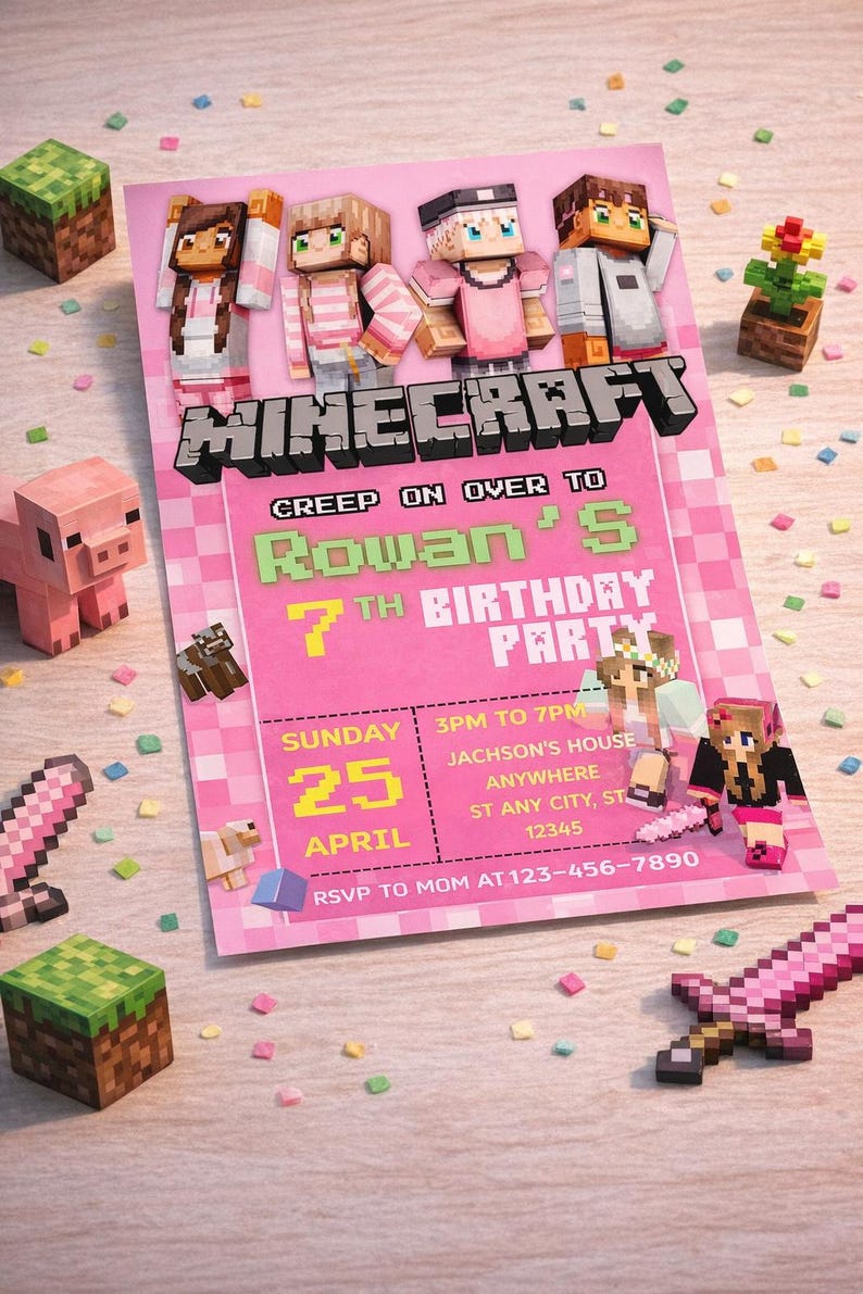Editable Girl Minecraft Birthday Invitation, Girl Minecrafter Birthday ...