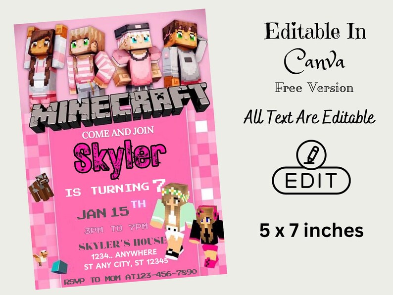 Editable Girl Minecraft Birthday Invitation, Girl Minecrafter Birthday ...