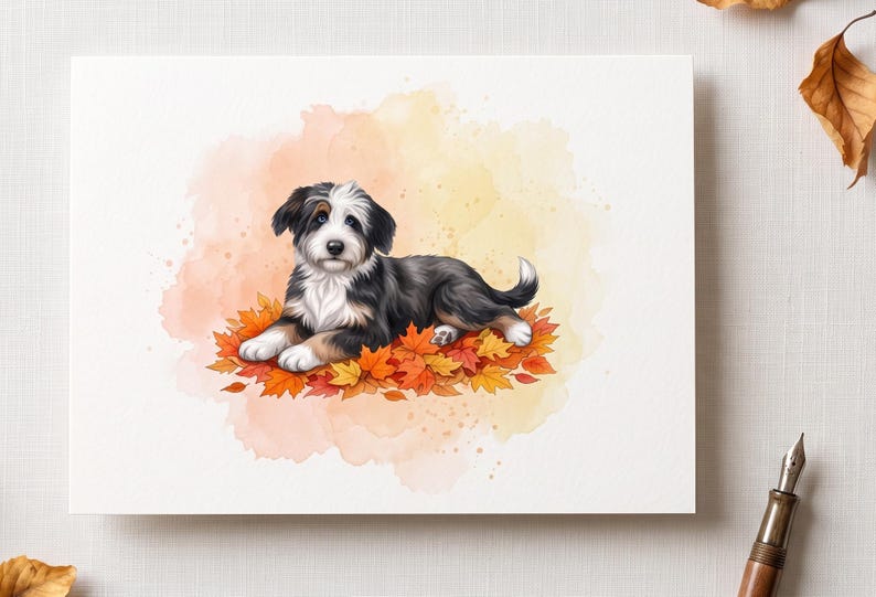 Doodle Watercolor Greeting Card | Blank Inside | Autumn Leaves Doodle ...