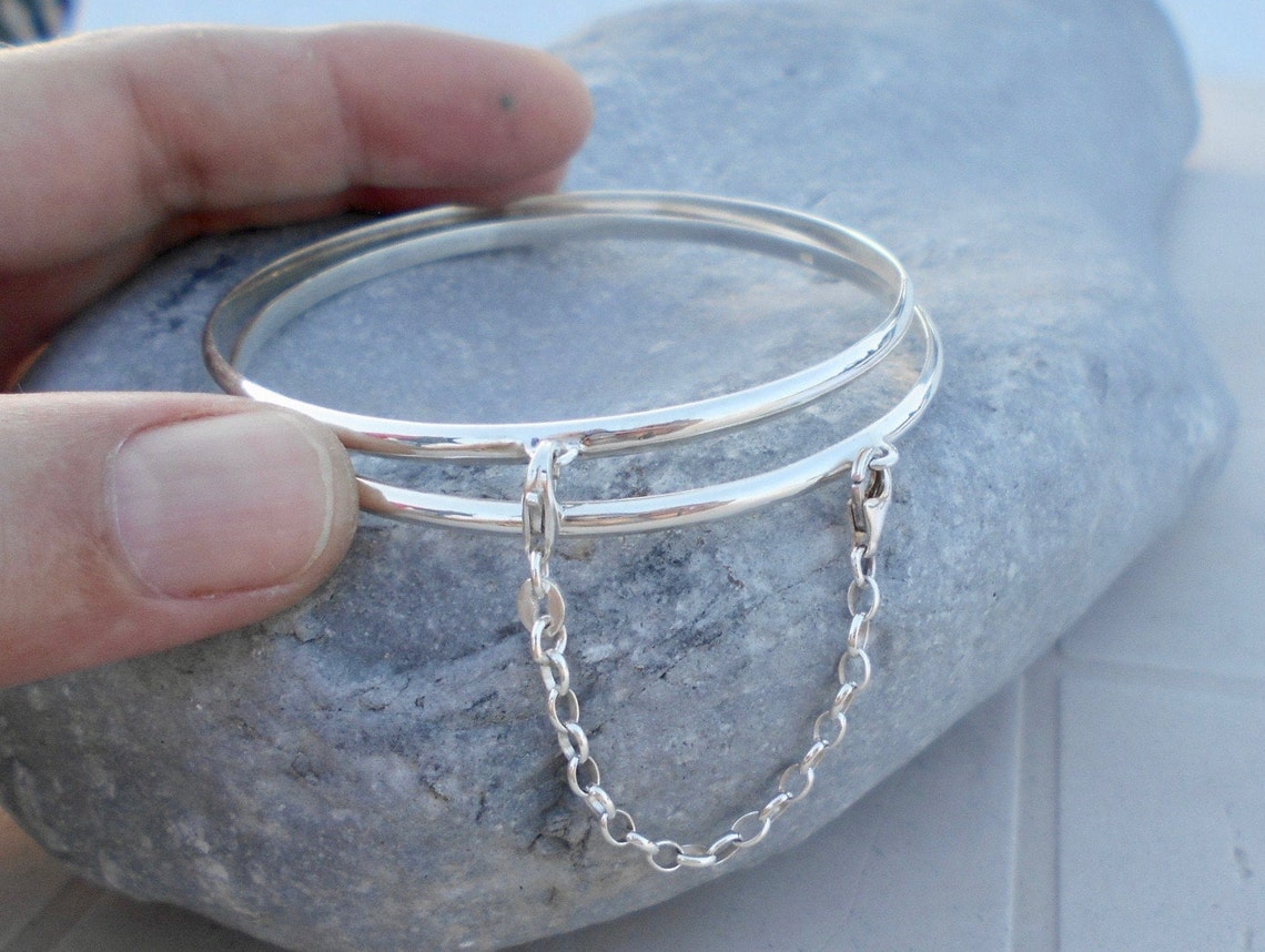 Sterling Silver Double Bangle / Half Round Bangle Set /linked Bangles ...