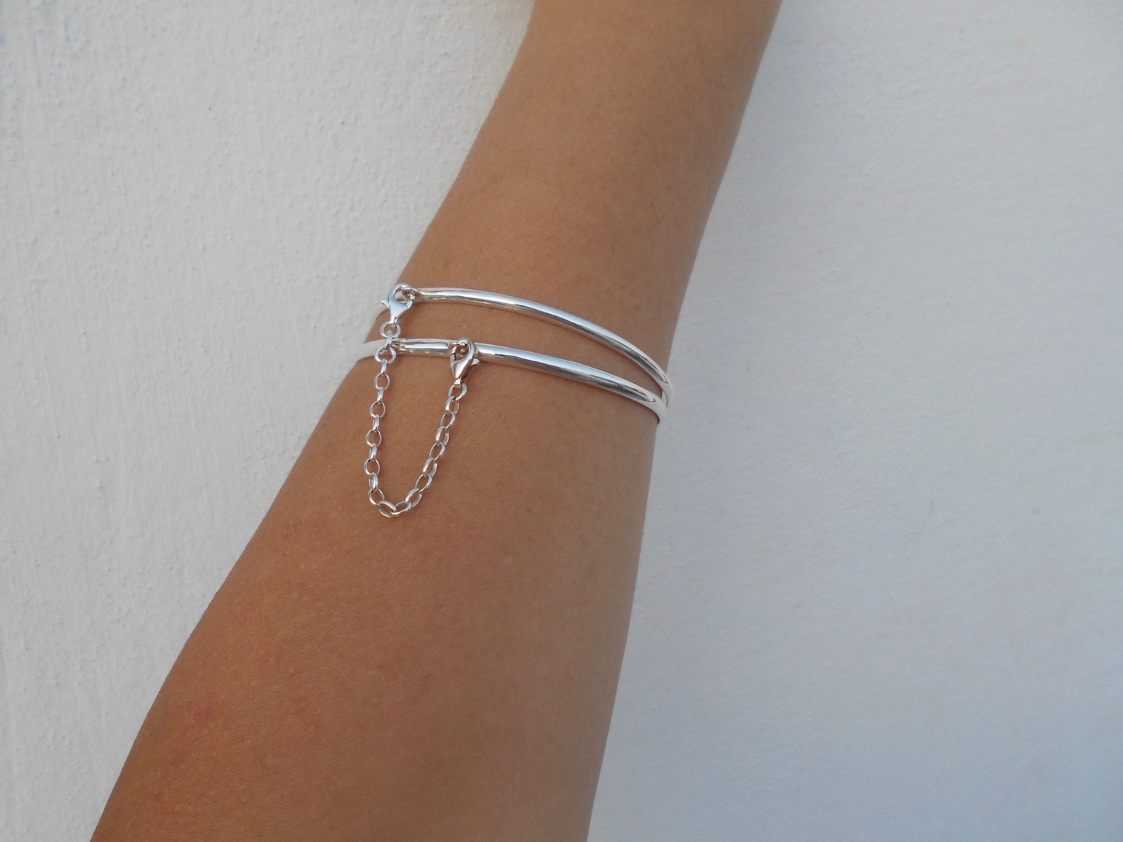 Sterling Silver Double Bangle / Half Round Bangle Set /linked Bangles ...