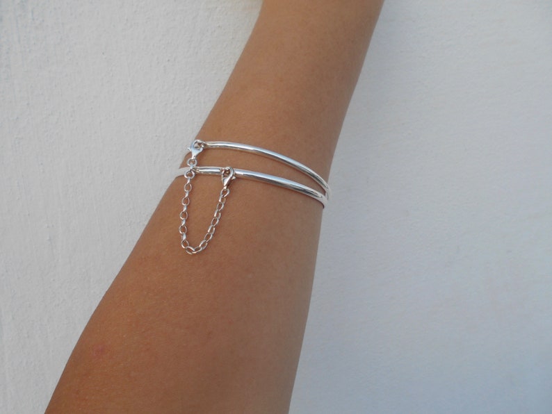 Sterling Silver Double Bangle / Half Round Bangle Set /linked Bangles ...