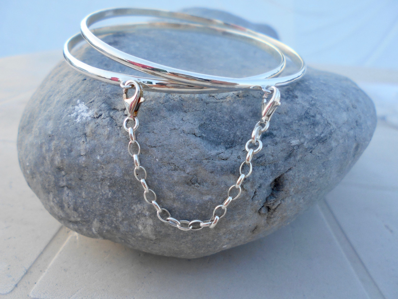Sterling Silver Double Bangle / Half Round Bangle Set /linked Bangles ...