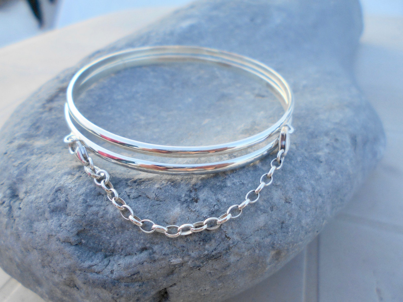 Sterling Silver Double Bangle / Half Round Bangle Set /linked Bangles ...