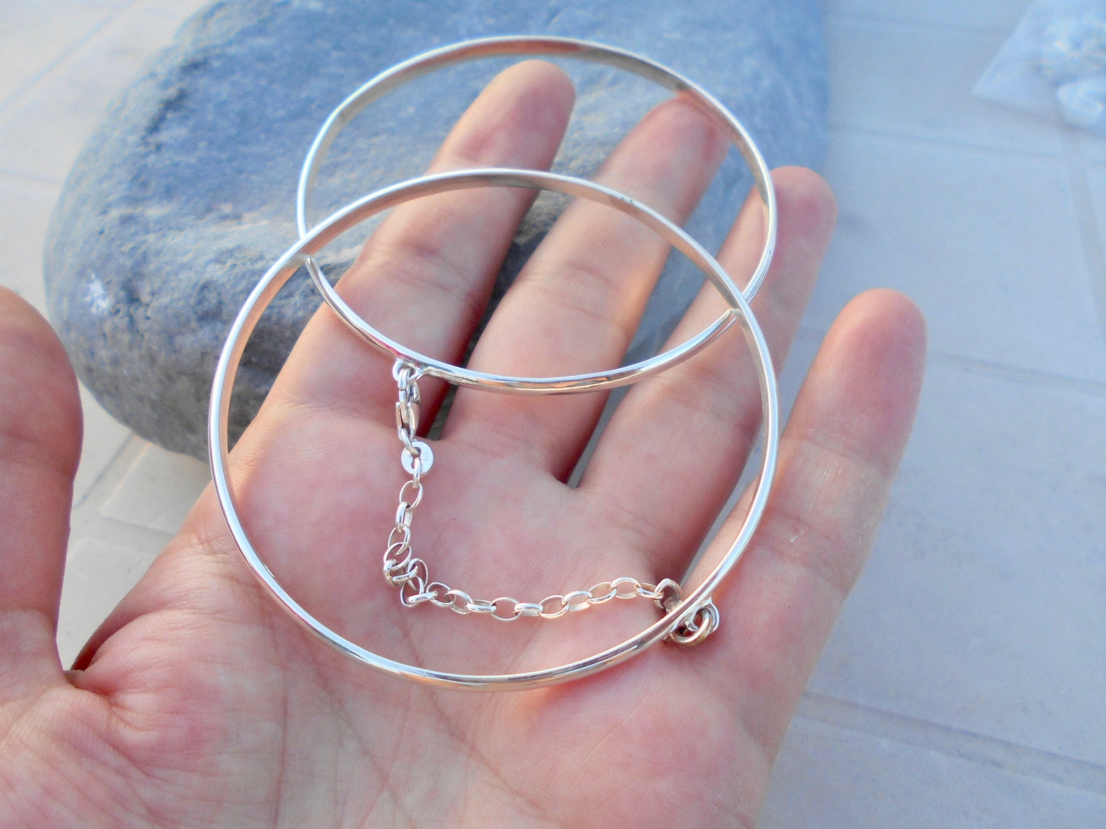 Sterling Silver Double Bangle / Half Round Bangle Set /linked Bangles ...