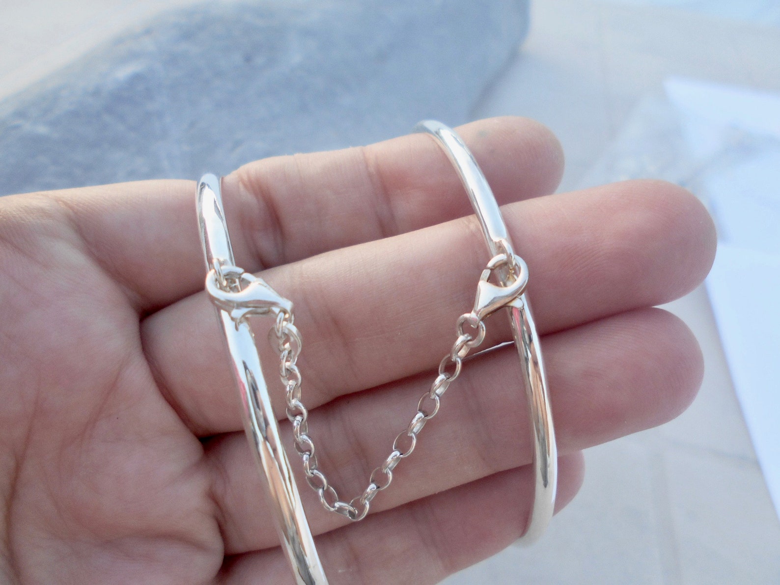 Sterling Silver Double Bangle / Half Round Bangle Set /linked Bangles ...