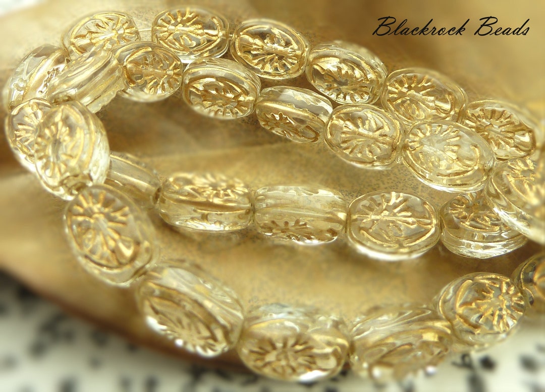 Clear Oval Glass Beads - 32 Piece Strand - 11x8mm, Metallic Gold Etched ...