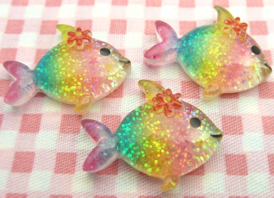 8 Fish Resin Cabochons Multicolored Kawaii Cabs Flat Back Sweet Decoden ...