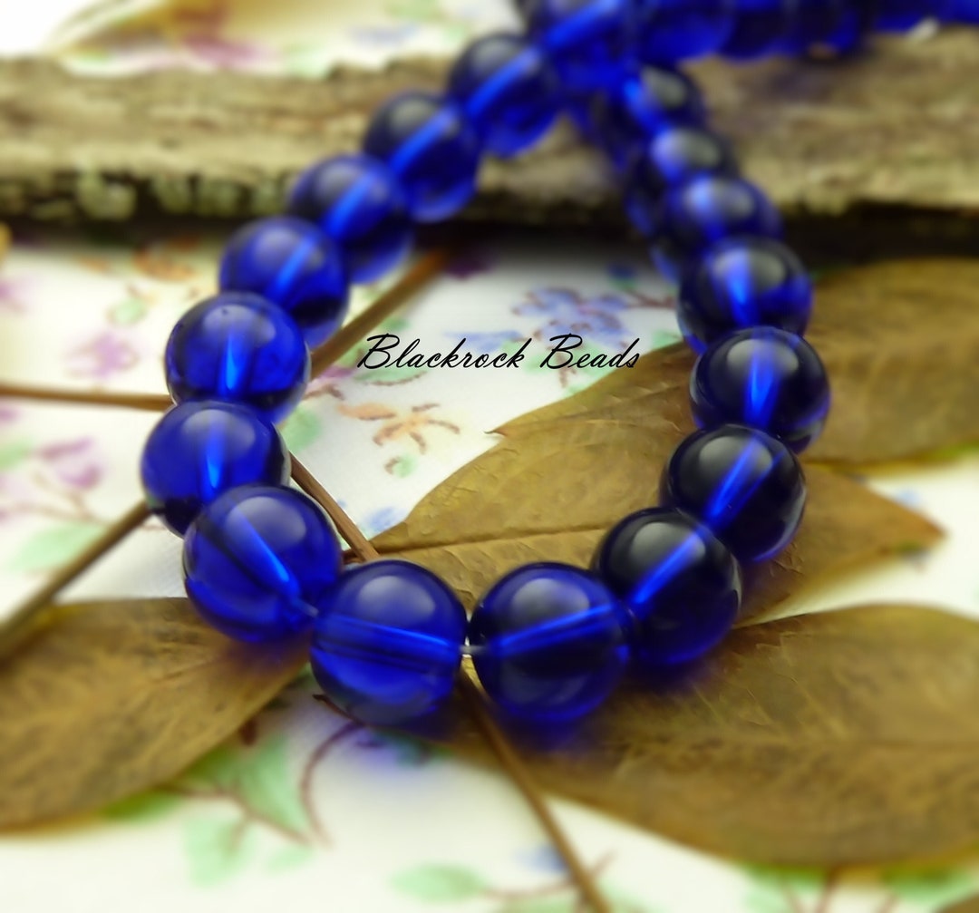 8mm Dark Blue Round Glass Beads - 40 Piece Strand - Smooth Surface ...
