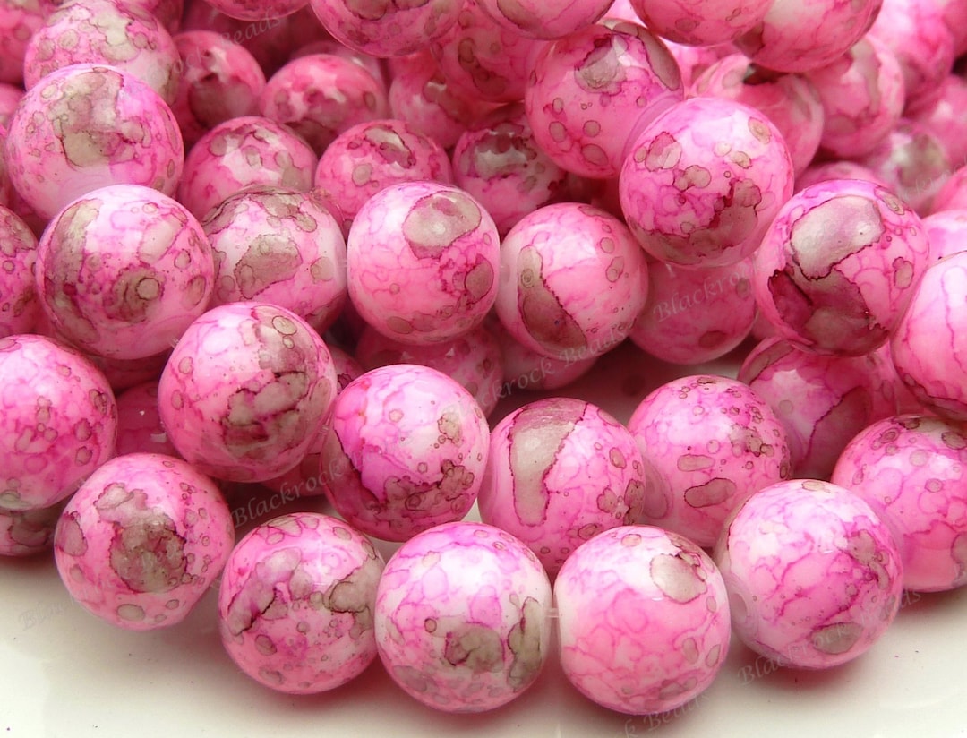 10mm Bright Pink Round Glass Beads 20 Pieces Patterned Beads BL37 ...