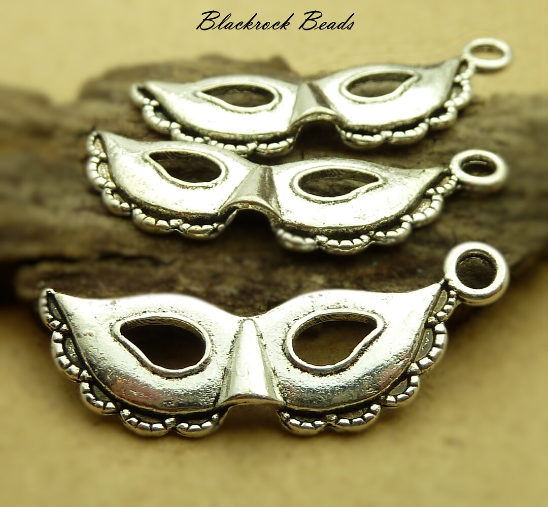 Bulk 30 Masquerade Mask Charms - Antique Silver Tone - 30x10mm, Mardi ...