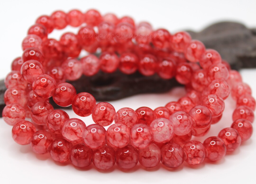 Bulk 50 Red Crackled Vein Round Glass Beads 8mm Red Jewelry Beads ...