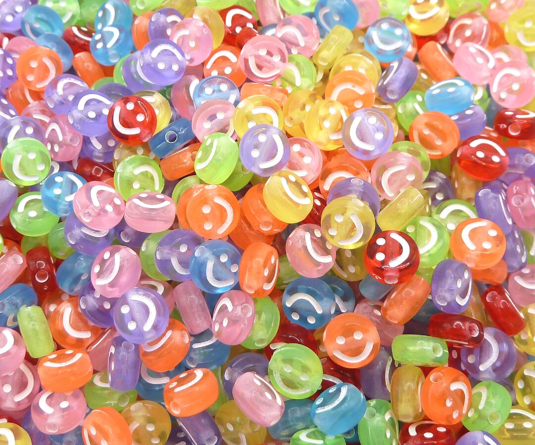 Smiley Face Acrylic Beads 100 Pieces, Multicolor Flat Round Smiley Face ...