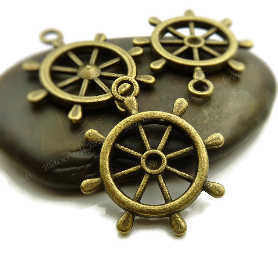5 Ship Wheel Charms Antique Bronze Tone 28x24mm, Ship Wheel Pendants ...