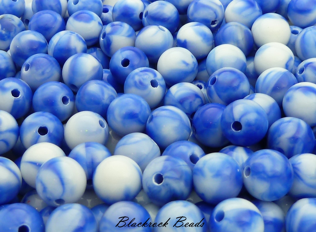25 Blue and White Swirled Acrylic Beads 9mm Round Jewelry Beads, Royal ...
