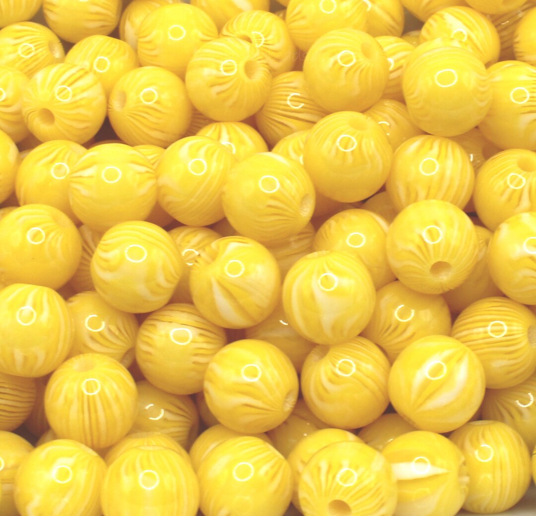 12mm Yellow Striped Round Resin Beads - 20 Pieces - Yellow and White ...
