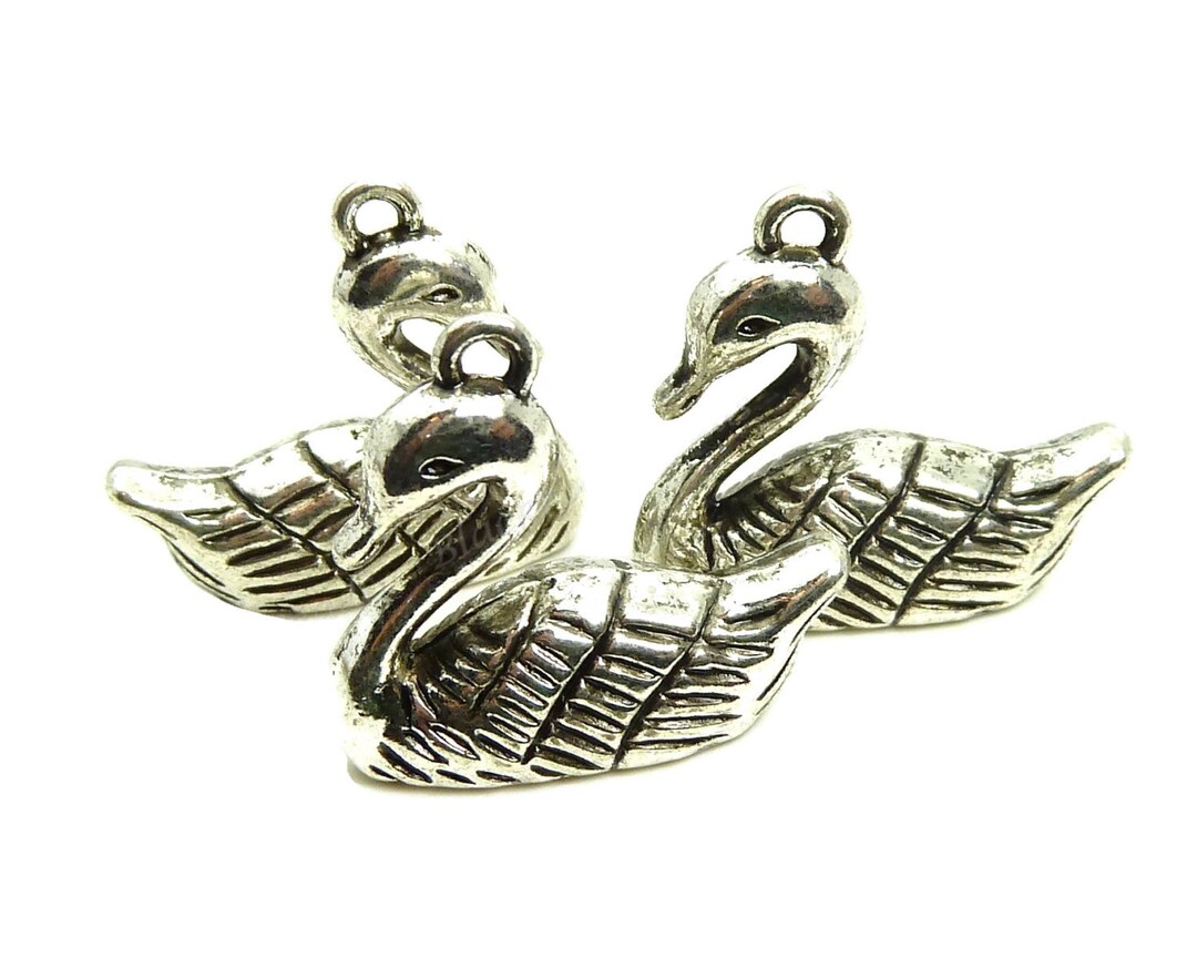 5 Swan Charms or Pendants Antique Silver Tone 20x22mm, 3D Swan Pendants ...