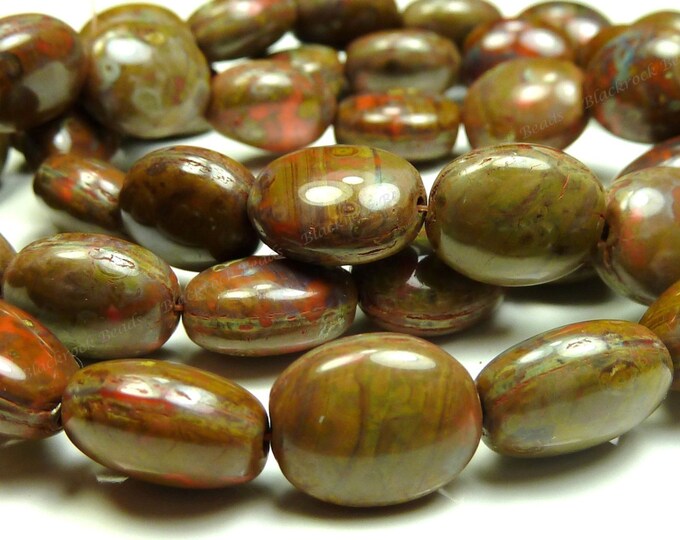 Opaque Orange and Deep Earthy Green Picasso Czech Glass Beads 6pcs ...