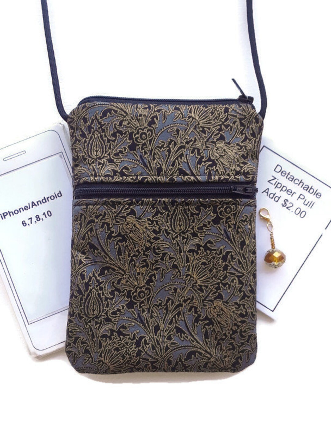 Handmade Floral Cell Phone Purse: Black, Gold, Pewter Crossbody Bag - Etsy