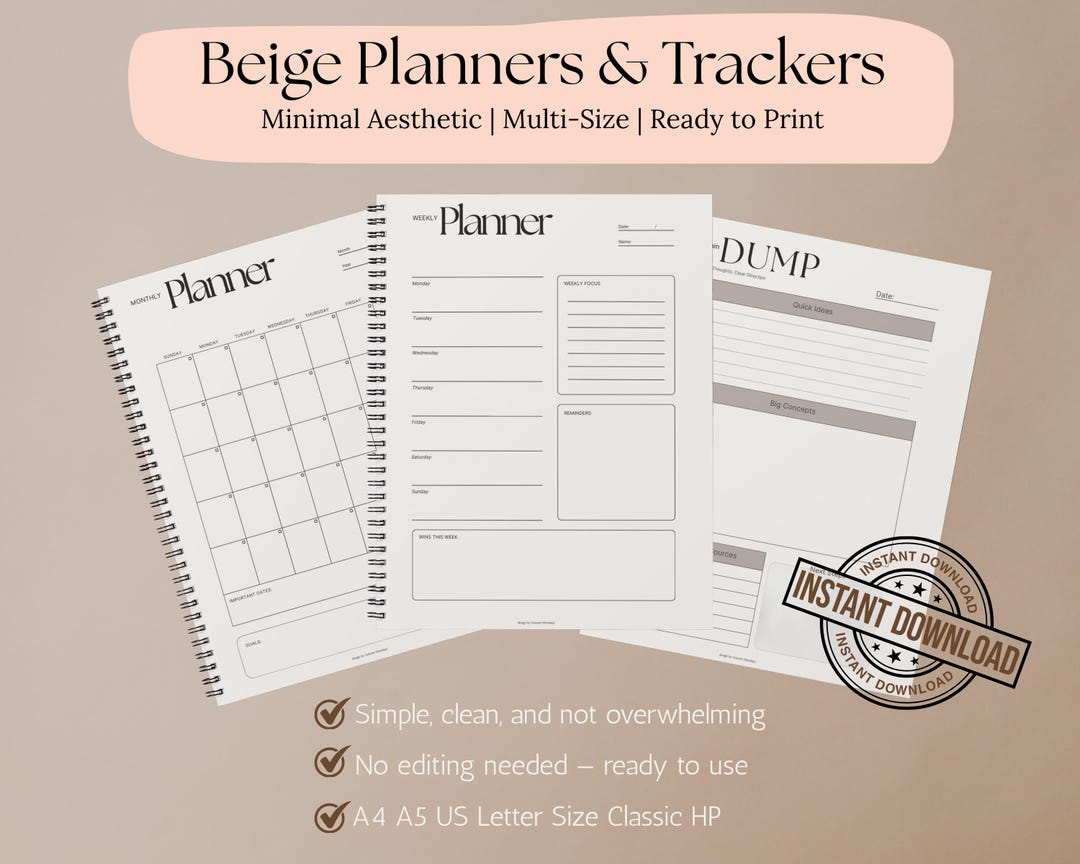 Aesthetic Beige Planner Printable | Daily Weekly Monthly | Habit and ...