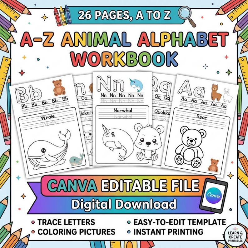 Alphabet Coloring Book | Trace & Color A-Z Animals (digital Download ...