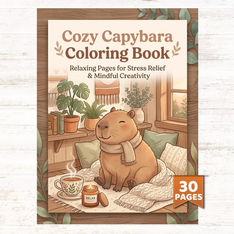 Cozy Capybara Adult Coloring Book | Stress Relief Coloring Pages | Self ...