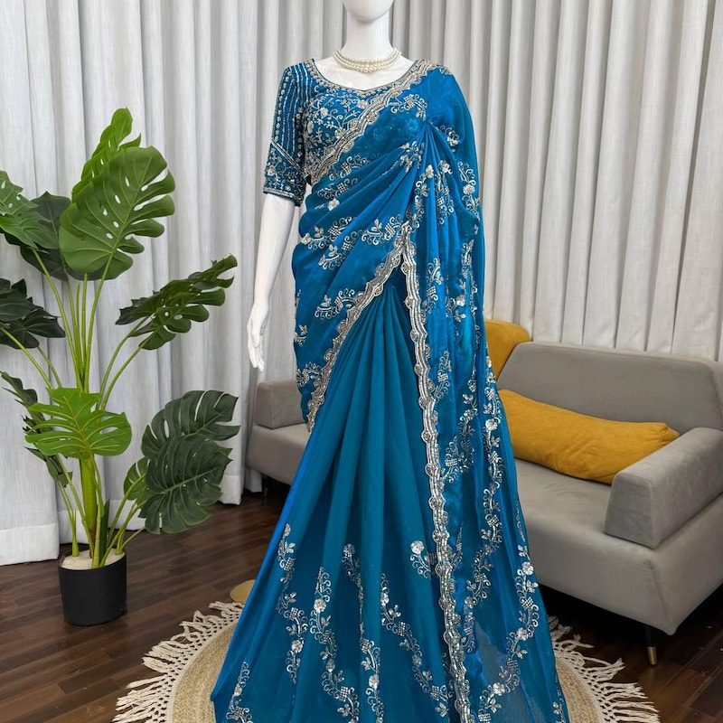 Heavy Work Saree Blue - Etsy
