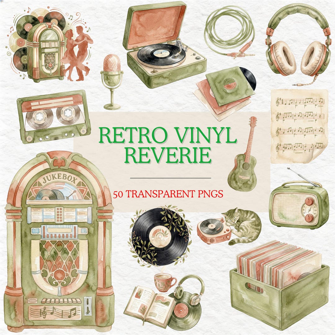 Retro Vinyl Clipart Bundle, Vintage Music PNG, Watercolor Record Player ...
