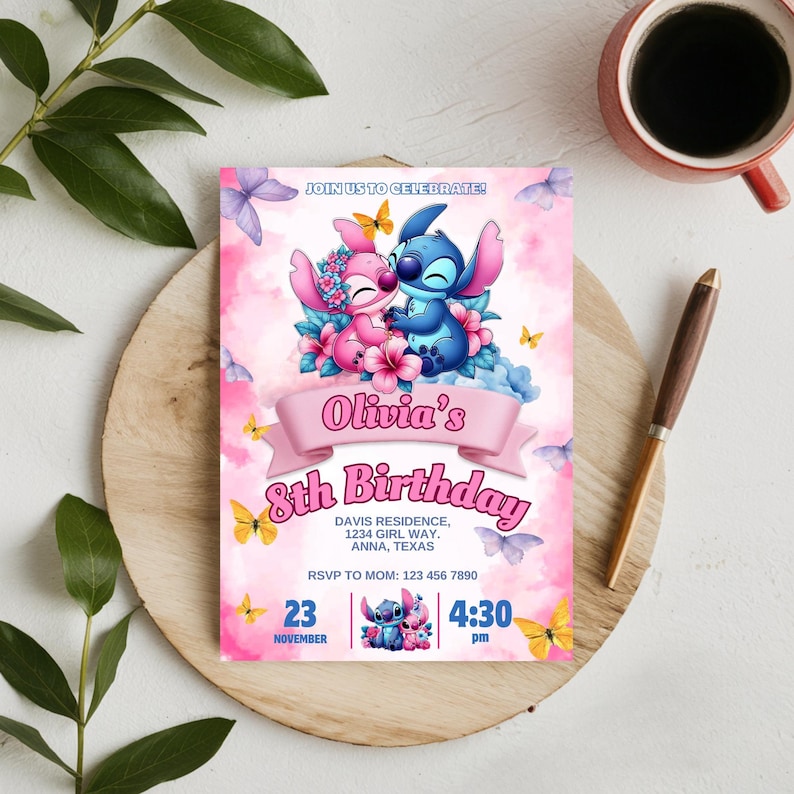Stitch and Angel Birthday Invitation Template Editable, Pink Stitch ...