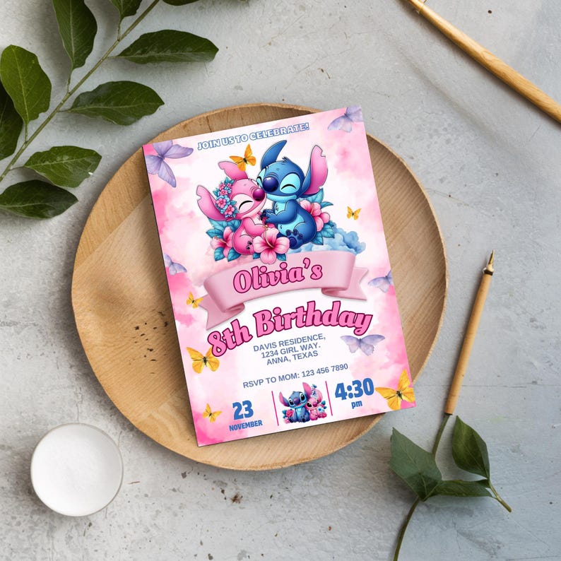 Stitch and Angel Birthday Invitation Template Editable, Pink Stitch ...