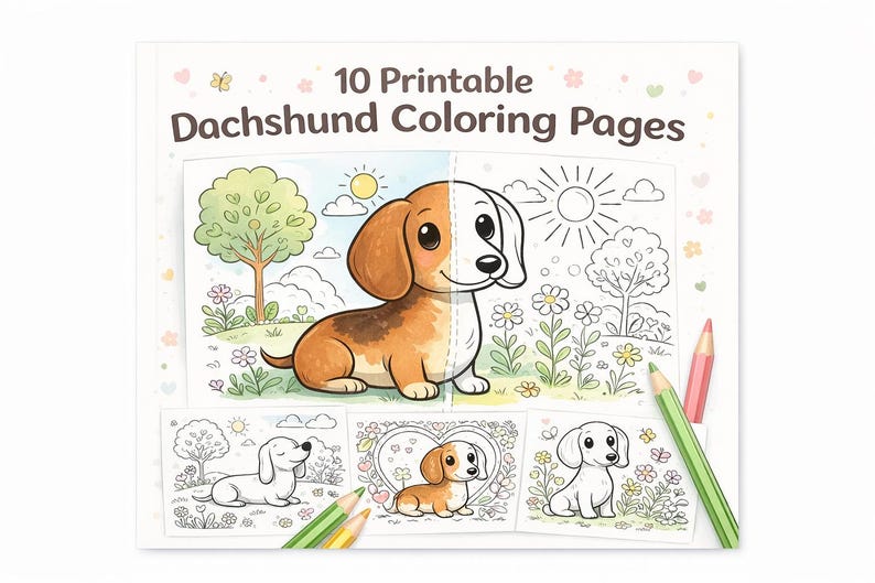Dachshund Coloring Pages Printable PDF | 10 Sausage Dog Sheets (digital ...