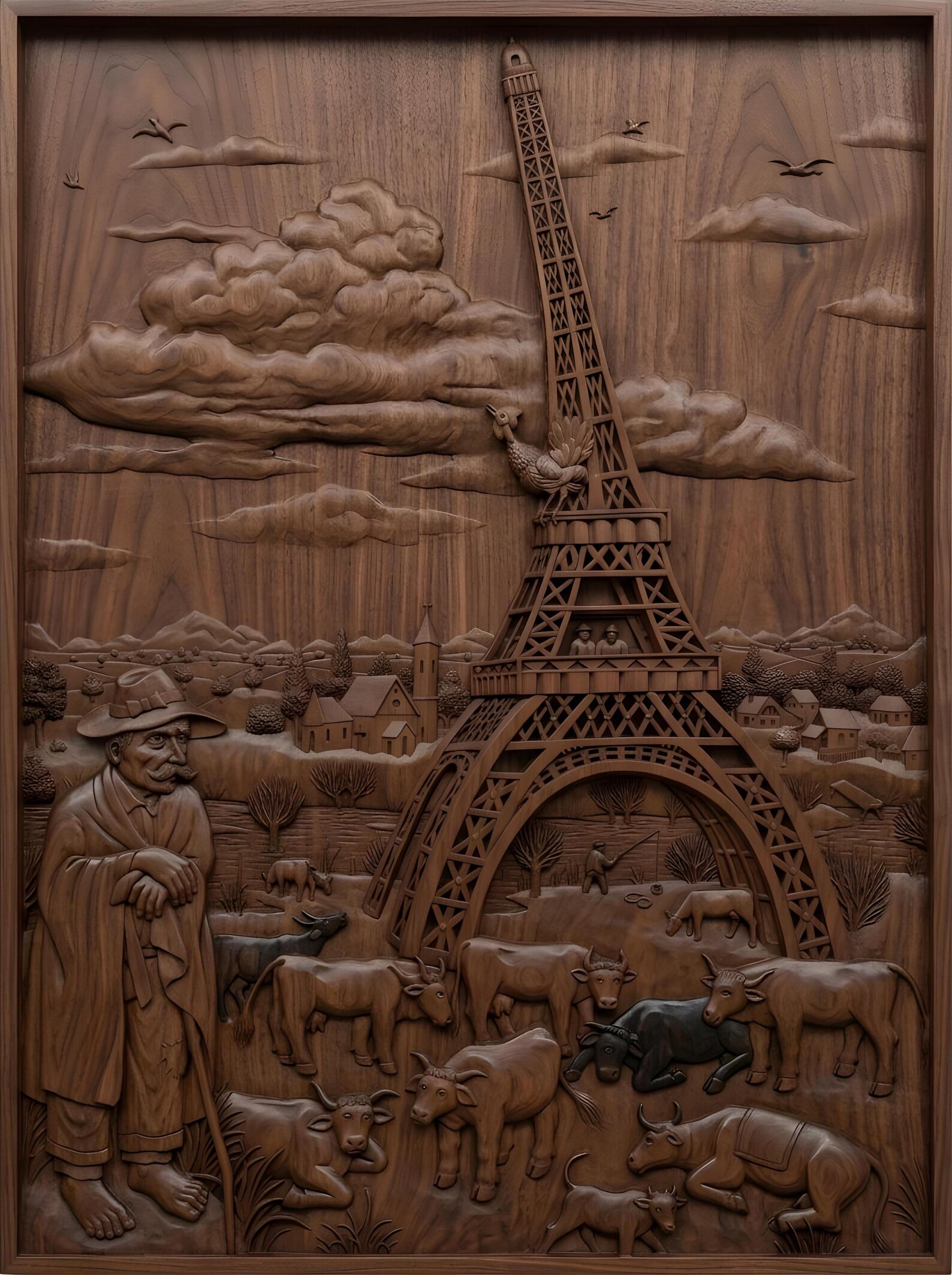 Eiffel Tower French Countryside Wood Carving Relief Model, Rustic ...