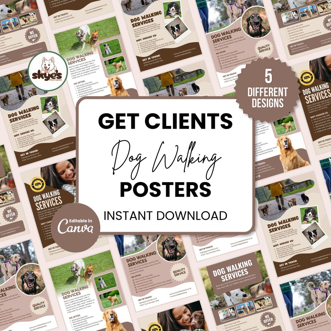 Professional Dog Walking Poster Template Bundle, Dog Walker Advertising ...